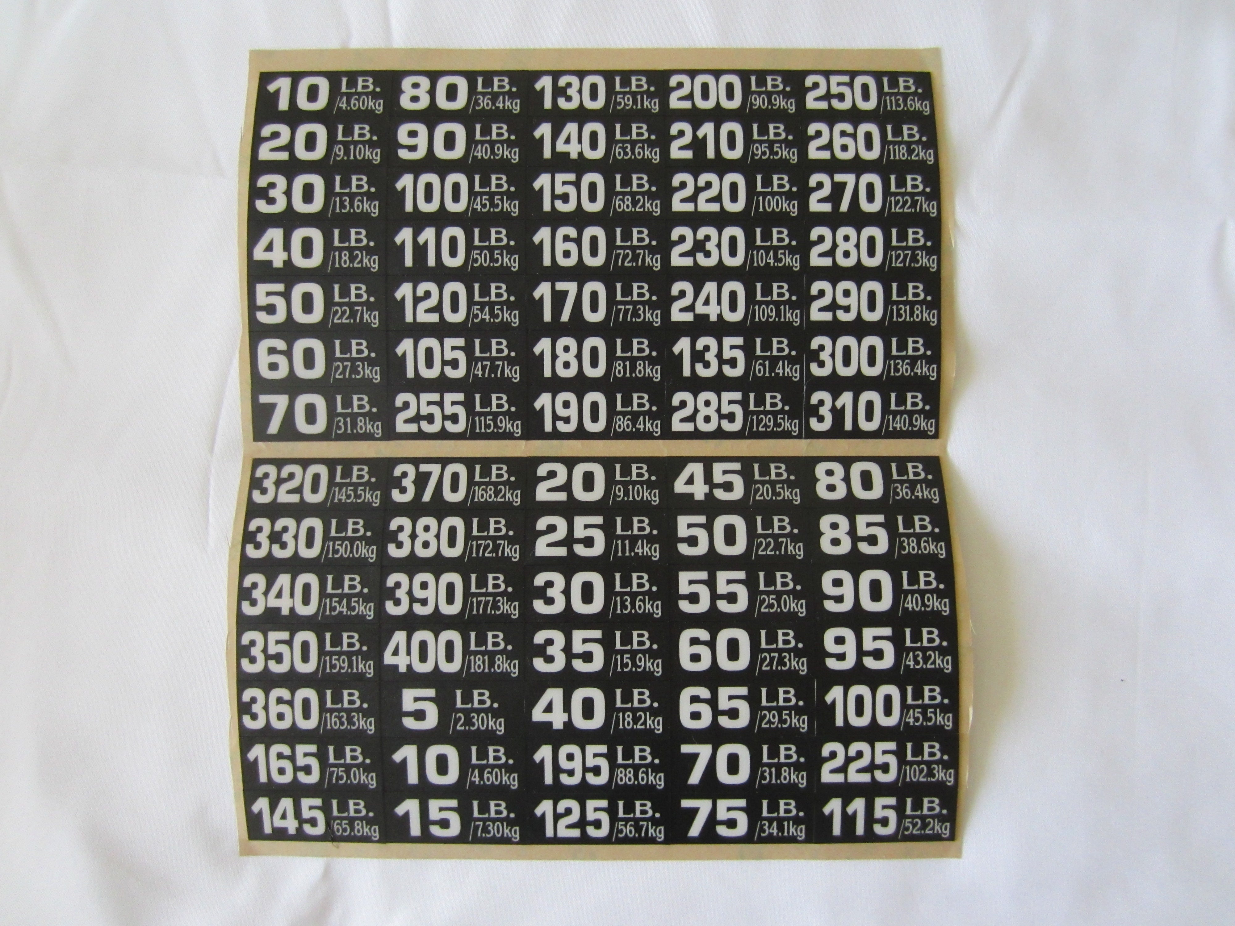 Weight Stack Decals 10-400 in 10lb. Increments. 5 to 100 in 5lb. Incre ...